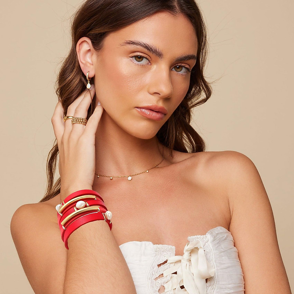 hotoo Baroque Natural Pearls Bracelets Boho Red Leather Wrap Bracelets for Women Gold Tube Bohemian Multi-Layer Cuff Bracelet Bangle with Buckle Jewelry Gifts