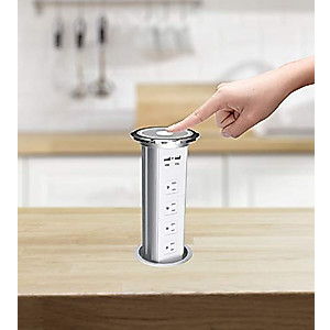 Kungfuking Intelligent Motorised Pop Up Socket Surge Protector Power Strip Retractable Power Strip with Dual USB Charging Stations for Kitchen Counter, Conference Room (White)