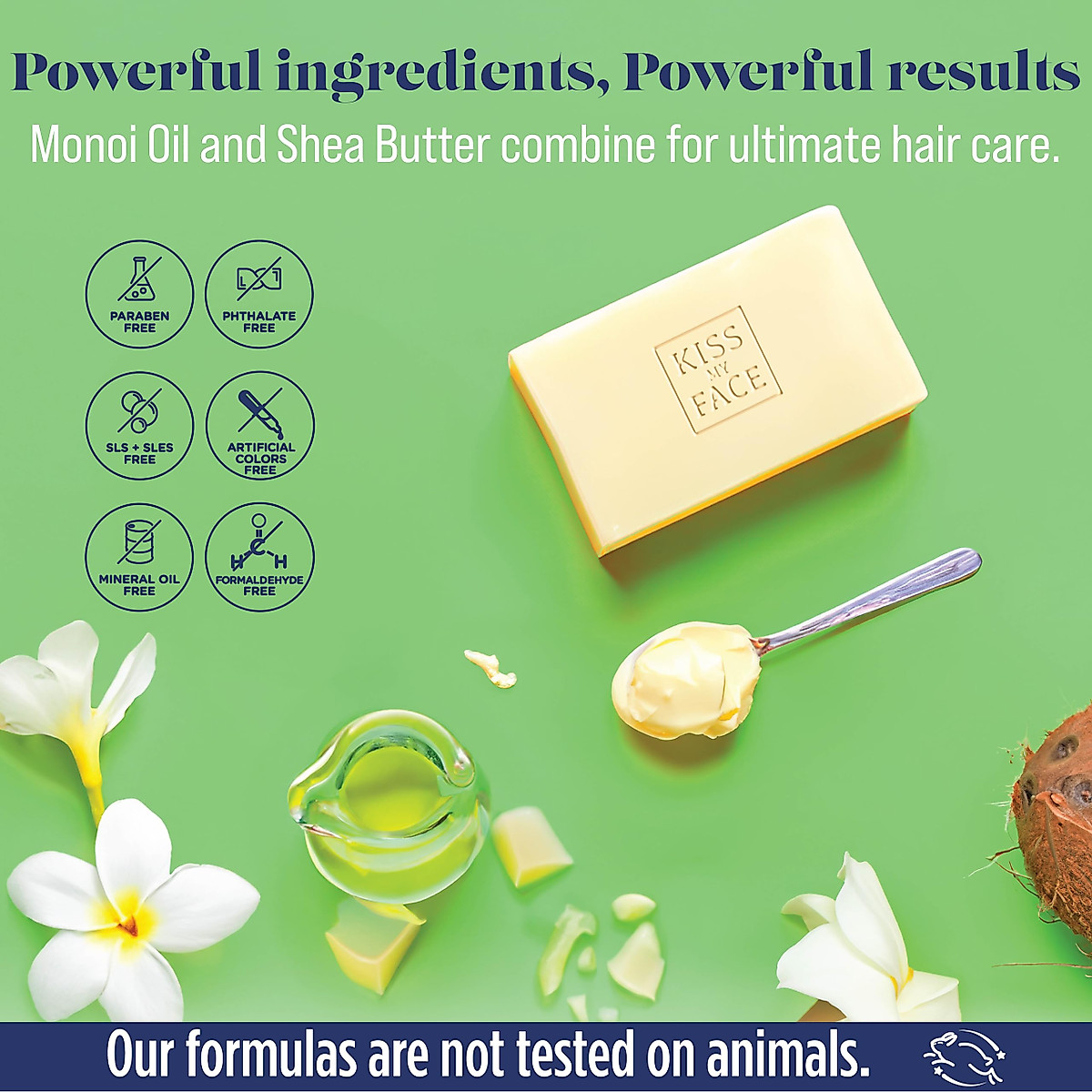 Kiss My Face Strengthen 2-in-1 Shampoo + Conditioner Bar - Palm Oil-Free, All Hair & Skin Types, Cruelty-Free Shampoo and Conditioner Bar for Dry & Damaged Hair with Monoi Oil and Shea Butter