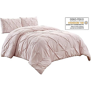 3 Piece Microfiber Comforter Set Girls Bed Dorm Room Decor Pinch Pleat Pintuck Down Alternative Queen Size Bedding - All Season Rose Blush Pink Bedroom Decor- JN1 (Queen 3 Piece)