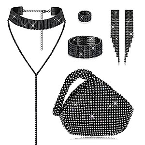 Sanfenly 6 Pieces Women Crystal Jewelry Set Rhinestone Choker Necklace Stretch Bangle Bracelet Ring Dangle Fringe Earrings Triangle Bling Glitter Purse for Bridal Wedding Party
