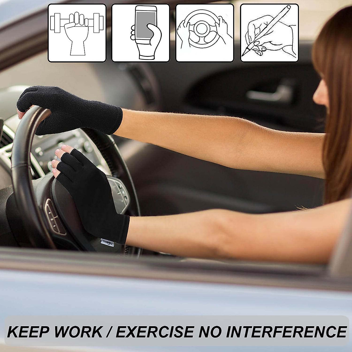 2 Pairs Arthritis Compression Gloves for Arthritis, Rheumatoid, Carpal Tunnel Pain, Driving, Typing Fingerless Gloves For Women Men, Support Hand, Wrist and Joint (Pure Black, Medium)