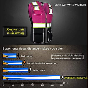 JKWEARSA Safety Vest For Women,High Visibility Reflective Work Vest With Multi Pockets And Zipper,Pink and Black,Medium