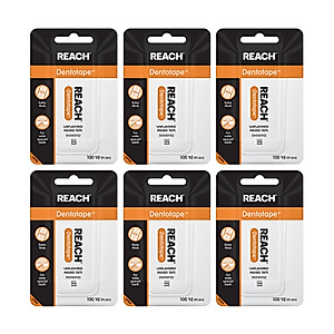 Reach Dentotape Waxed Dental Floss Bundle | Effective Plaque Removal, Extra Wide Cleaning Surface | Shred Resistance & Tension, Slides Smoothly & Easily, PFAS FREE | Unflavored, 100 YD, 6pk