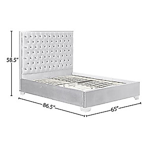 Meridian Furniture Lexi Collection Modern | Contemporary Velvet Upholstered Bed with Deep Tufting, Polished Chrome Stainless Steel Frame and Legs, Queen, Grey