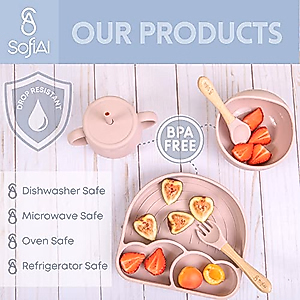 SofiAl Baby Led Weaning Supplies - Silicone Baby Feeding Set - Suction Bowl Divided Plate Bib Spoon Fork Straw Sippy Cup - Toddler Self Feeding Utensils - Infant First Stage Blw Dish 6 Months – 11pcs