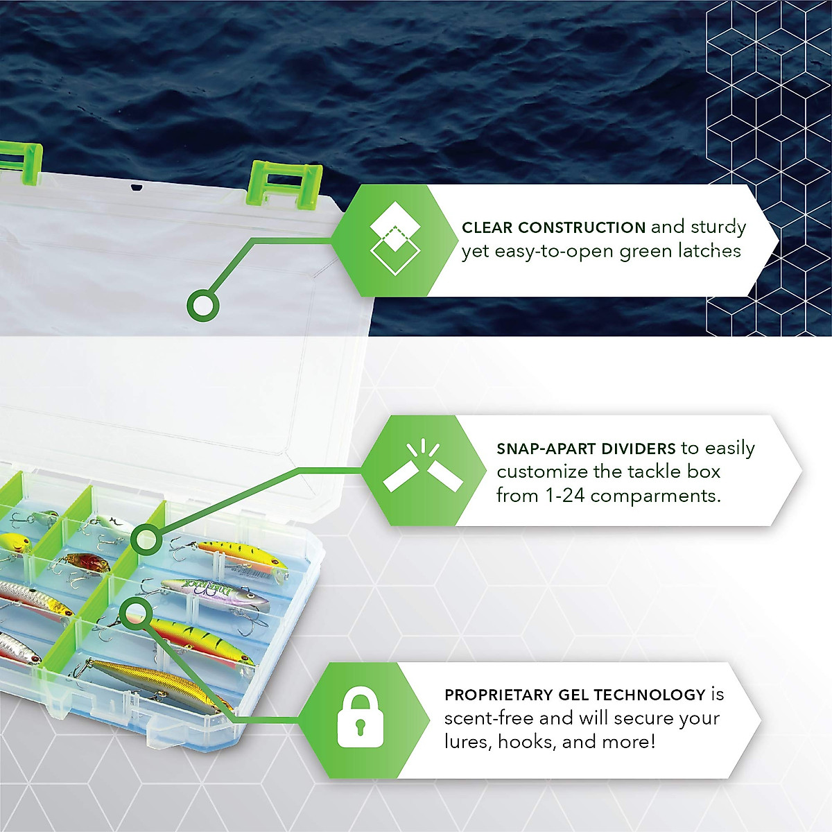 Lure Lock LL1T-1101 Large Thin Box - 1Cavity w/Ocean Blue Tak Logic Liner, Clear w/Green Accent