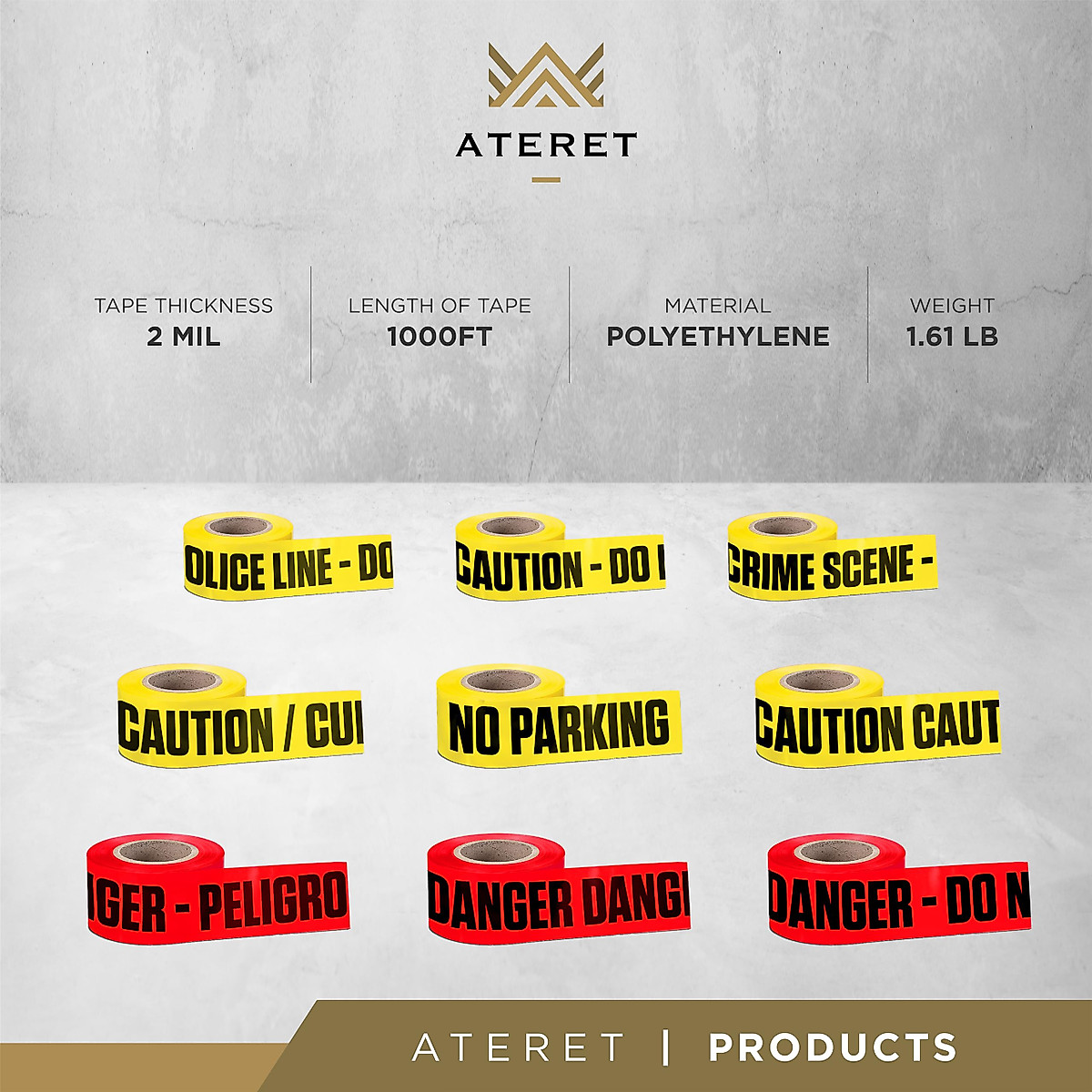 ATERET Premium Yellow Caution Tape I 3 inch x 1000 feet I Harzard Tape w/Bright Yellow & Bold Black Text I 3" Wide for Maximum Readability I Ideal Use for Danger/Hazardous Areas (1-Pack)