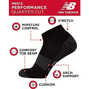 New Balance Men's Quarter Socks - 12 Pack Performance Cushioned Athletic Socks for Men with Arch Support (Shoe Size: 6-12.5), Size 6-12.5, Black/Grey Assorted