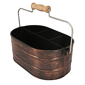 Homebia Designs Galvanized Metal Caddy with 4 Compartments, Rustic Farmhouse Kitchen Indoor Outdoor Picnic Utensil Holder, Multipurpose Storage Bin, Metal Garden Planters - 12 Inch - Copper Antique