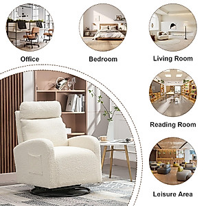 LUCKHAO Swivel Rocking Chair，Nursery Swivel Glide Armchair Teddy Fabric Upholstered Modern Rocking Chairs with High Backrest for Nursery, Bedroom, Living Room（White Teddy