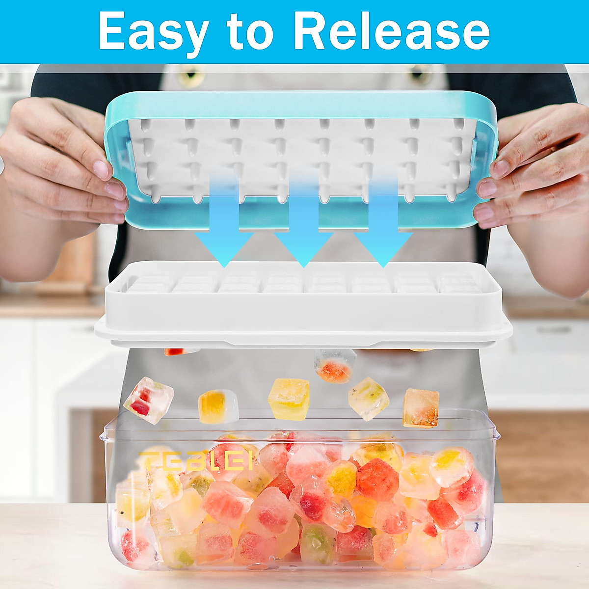 TEBLEI Ice Cube Tray with Lid and Bin, 64 Pcs Mini Ice Cube Trays with Scoop and Tongs, Ice Maker for Small Freezer, Kitchen Gadgets and Apartment Essentials, Easy-Release & Stackable