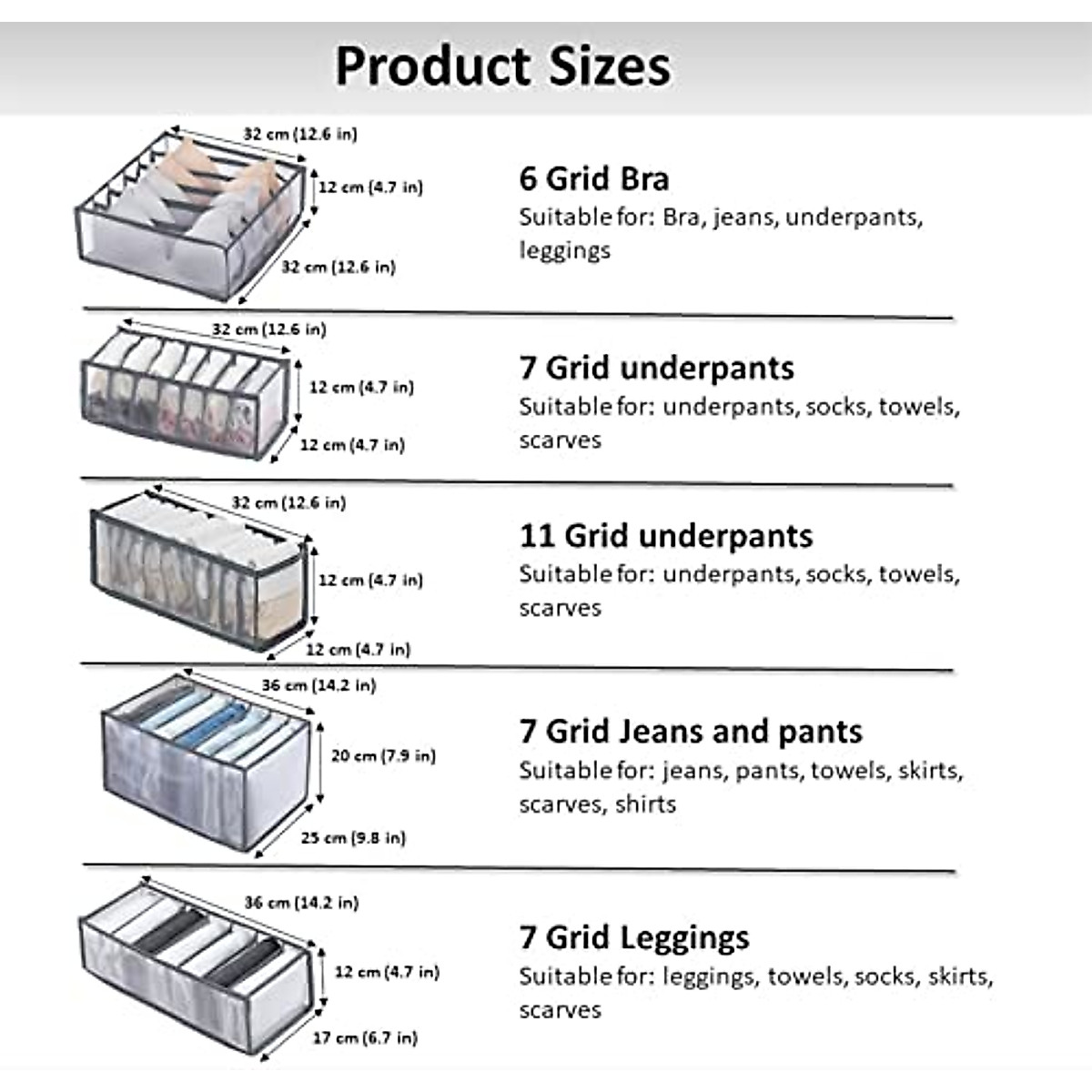 Fitster Wardrobe Clothes Organizer- 5 pieces 7 to 11 Grids- socks, Bra, Pants, Shirts, and Legging organizers (Gray)