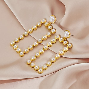 YUJIE Large Rectangle Pearl Dangle Earrings for Women 14K Gold Plated Geometric Drop Earrings Pearl Dangle Earrings
