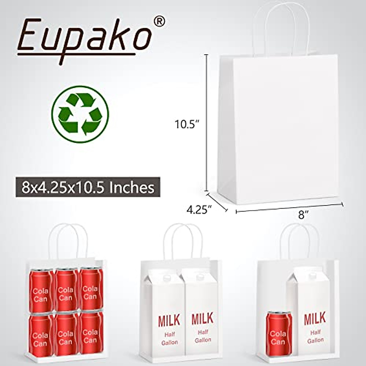 Eupako Paper Bags 8x4.25x10.5 100 PCS White Paper Gift Bags with Handles Bulk, Kraft Shopping Bags, Party Favor Bags, Merchandise Bags