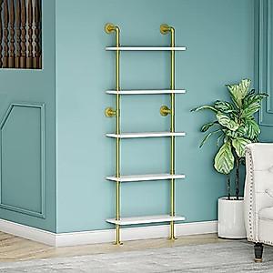MAIKAILUN 5 Tier 67inch Gold Bookshelf, White and Gold Shelves, Modern Shelves Shelf Bookcase Metal Mid Century Open Industrial Wall Mount Accents Decor Retail Shelving Vertical for Living Room