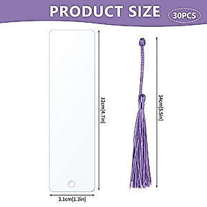Bekecidi 30 Pcs Blank Acrylic Bookmark Clear Bookmarks with Hole DIY Blank Bookmarks with 30pcs Multicolor Tassel for Readers Teachers Students Birthday Gift (12 x 3.2cm)