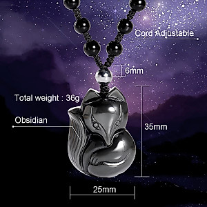 Jewever Black Obsidian Lucky Fox Necklace Natural Stone Healing Crystal Pendant Protection Amulet/Talisman Gemstons Pendant Jewelery