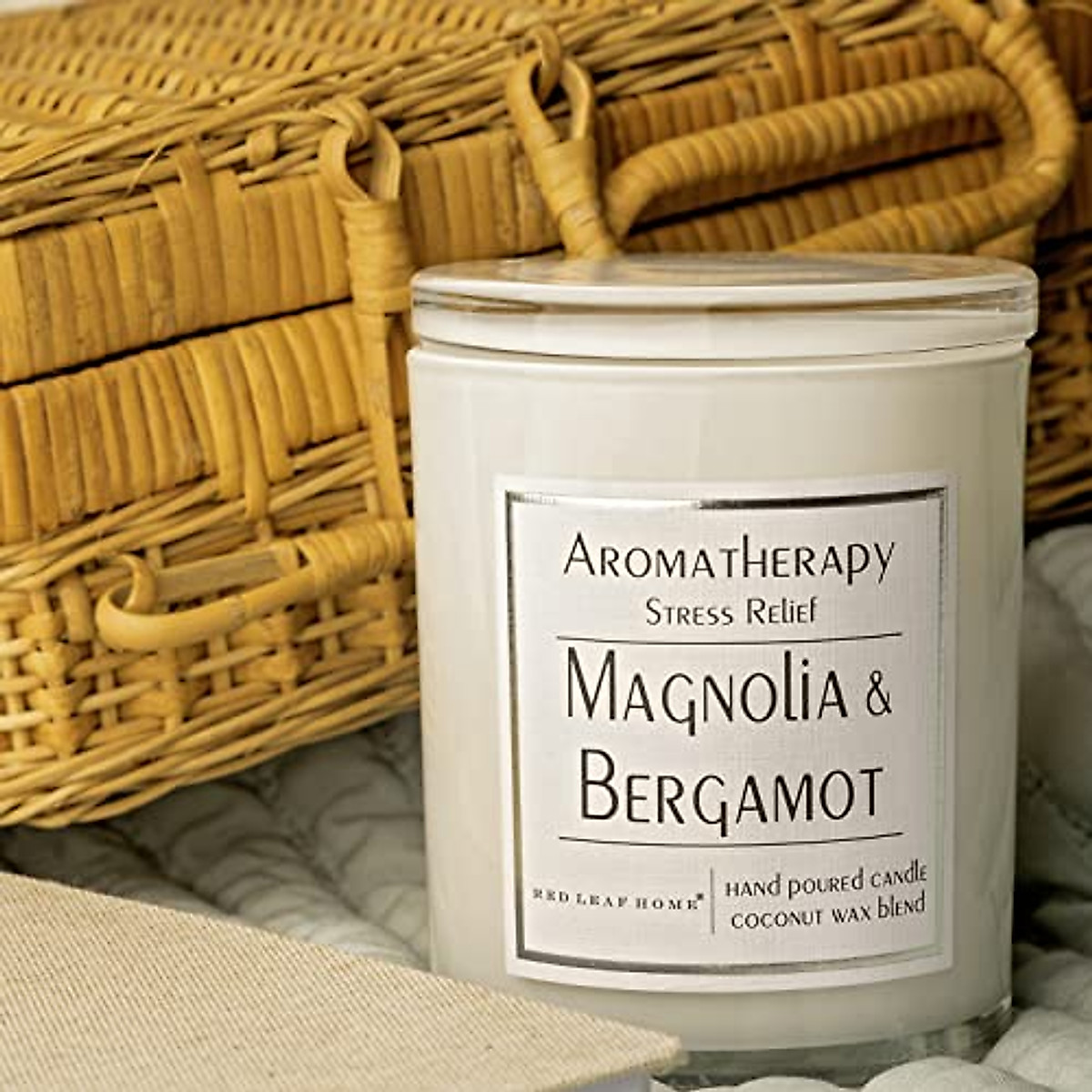 Red Leaf Home | Magnolia and Bergamot Candle | Glass Lid, Large | Aromatherapy | Wellness Collection | 15.5oz Jar