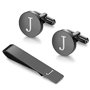 LOYALLOOK Black Initial J Cufflinks and Tie Clip Set for Men Personalized Copper Cuff links and Tie Bar Letter Alphabet J Gift for Father Husband