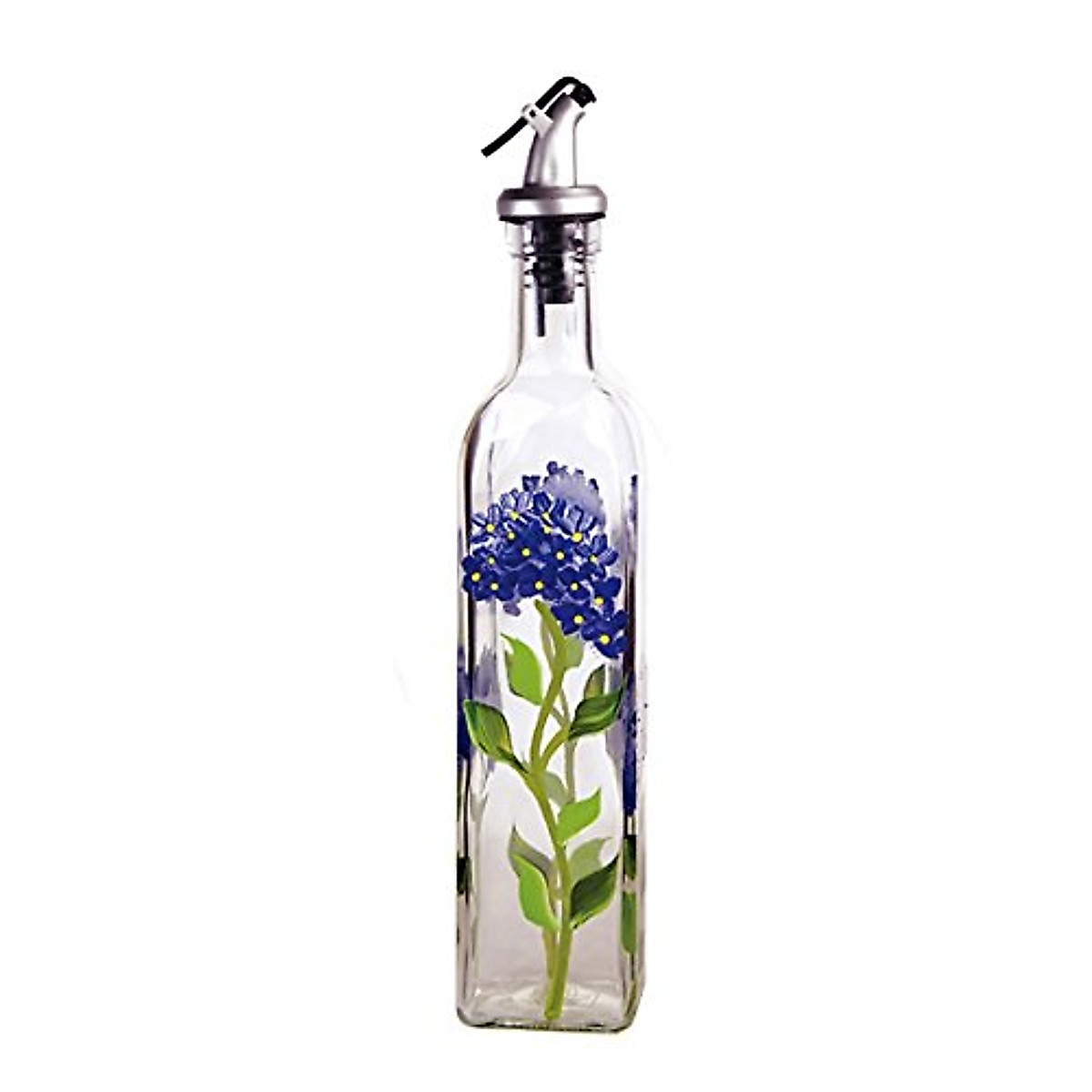 Grant Howard Hand Painted Square Cruet with Pourer, Blue Hydrangeas, 16 oz, Blue