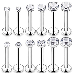 SCERRING 6 Pairs 14G Stainless Steel 2mm 3mm 4mm Clear CZ Internally Threaded Labret Monroe Lip Tragus Daith Cartilage Helix Earring Ring Body Piercing Jewelry 8mm - Silver