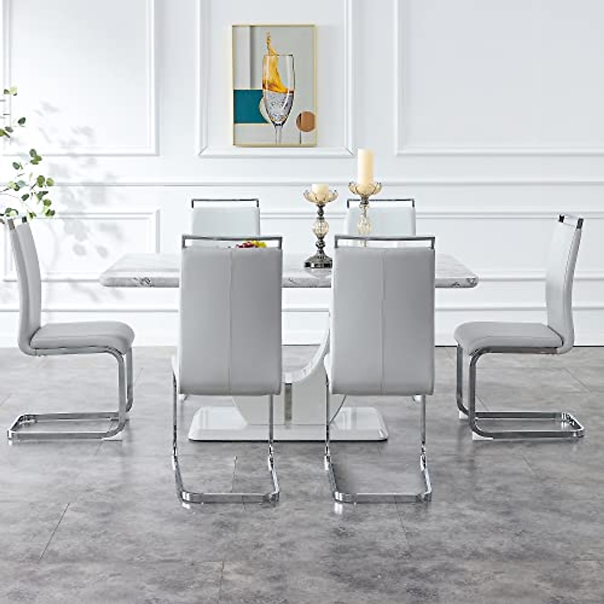 Maotifeys Grey Marble Dinner Table Set for 6 Mid-Century Rectangular Dining Room Table and Chair Set 7-Piece Kitchen Table Set with a Faux Marble Dining Table and 6pcs Light Grey PU Leather Chairs