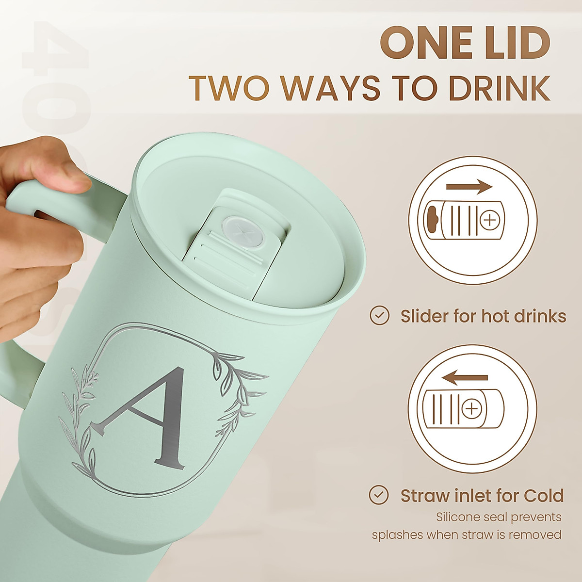 Personalized Monogrammed Tumbler with Handle 40oz, Letter A Tumblers Insulated Coffee Travel Cup, Custom Initial Gift for Women Girls Friends, Monogram Gift for Christmas Birthday Mothers Day