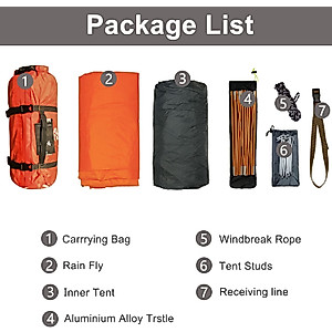 2 Person Backpacking Tent 3-4 Season Windproof Camping Tent Awning Family Tent Two Doors Double Layer with Aluminum rods for Outdoor Camping Family Beach Hunting (Orange-2 Person)