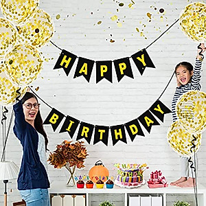 CHRORINE Black Happy Birthday Banner Bunting 8pcs Gold Confetti Balloon for Birthday Party Supplies