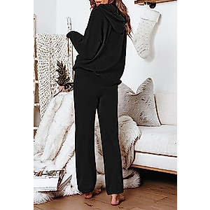 Pink Queen Women's 2 Piece Sweater Outfits Set Pullover Hoodie Top Wide Leg Pants Knit Sweatsuit Lounge Sets Black L