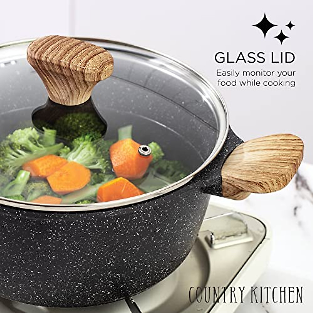 Country Kitchen Nonstick Induction Cookware Sets - 11 Piece Cast Aluminum Pots and Pans with BAKELITE Handles with Glass Lids - Grey