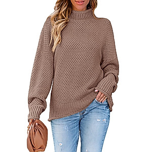 ZESICA Women's Turtleneck Batwing Sleeve Loose Oversized Chunky Knitted Pullover Sweater Jumper Tops,Khaki,Medium