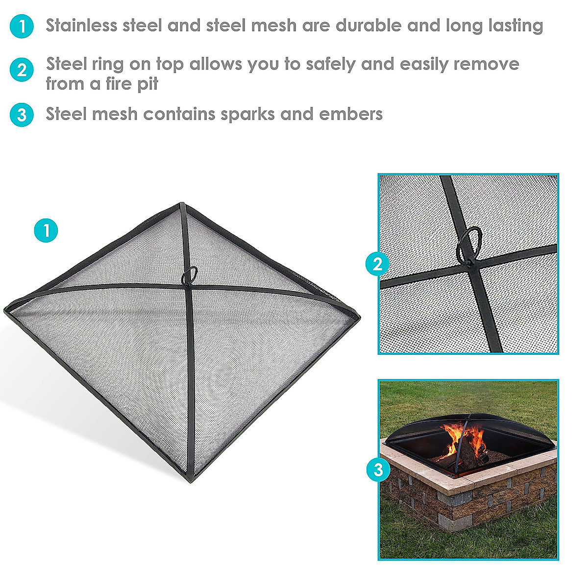 Sunnydaze Heavy-Duty Black Steel Mesh Fire Pit Spark Screen Cover - 30-Inch Square