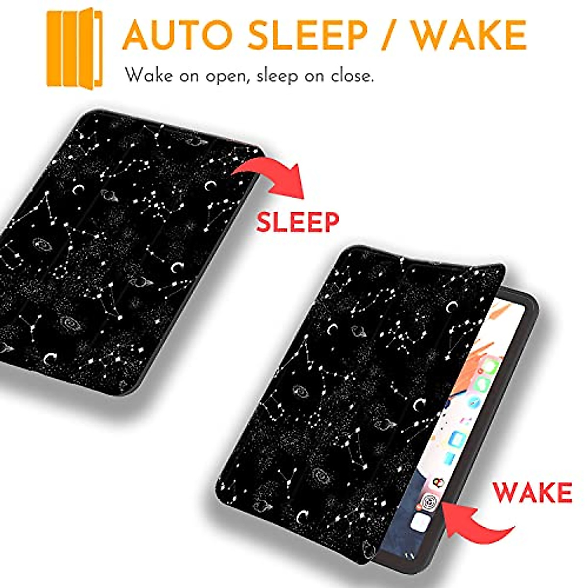 Hepix iPad Air 5th 4th Generation Case 2022 2020 Constellation, iPad 10.9 inch Case with Pencil Holder, Case for iPad Air 5/4 Case, Auto Sleep/Wake, Moon Star Space Trifold iPad 10.9 Cover, Black