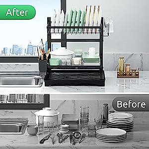 KOOTETA Dish Drying Rack, 2-Tier Dish Rack for Kitchen Counter, Space Saving Kitchen Drying Rack, Dish Dryer Rack with Drainboard, Utensil Holder and Cup Holders, Black