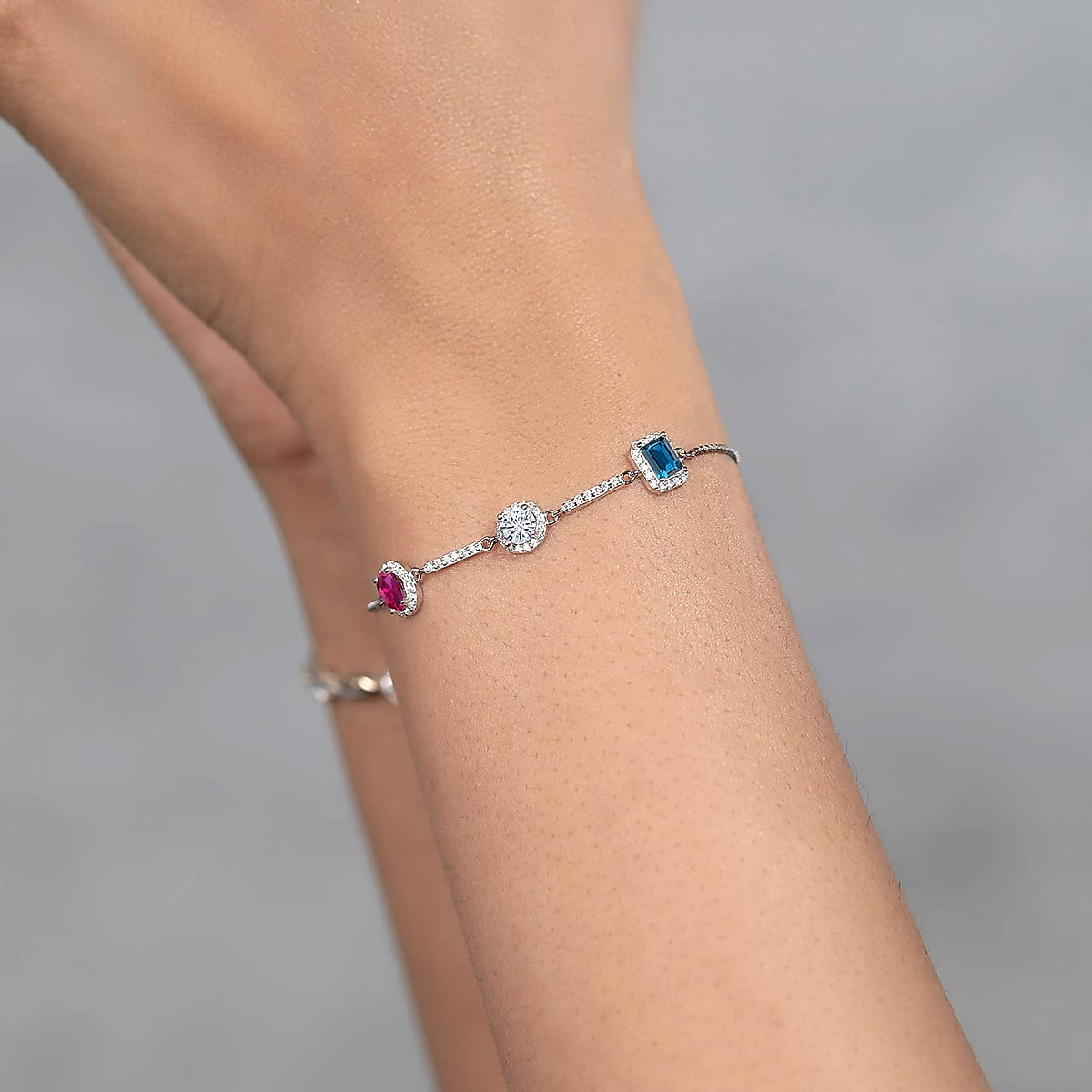 Gem Stone King 925 Sterling Silver Build Your Own Personalized 3-Stone Oval Round and Emerald Cut Birthstones Tennis Bracelet For Women By Keren Hanan Fully Adjustable Up to 9 Inch