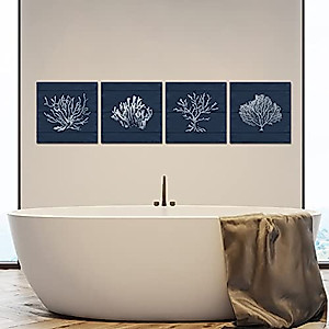 HOMEOART Coral Canvas Wall Art Prints Ocean Navy Blue Coastal Artwork Beach Home Decor Picture Framed Ready to Hang 12&quot;x12&quot;x4 Pieces