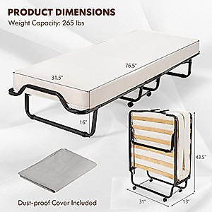GOFLAME Folding Bed with Memory Foam Mattress, Portable Rollaway Guest Bed with Heavy-Duty Steel Frame & Rolling Casters, Sleeper Bed Cot Size for Adults & Kids, Dustproof Cover Included