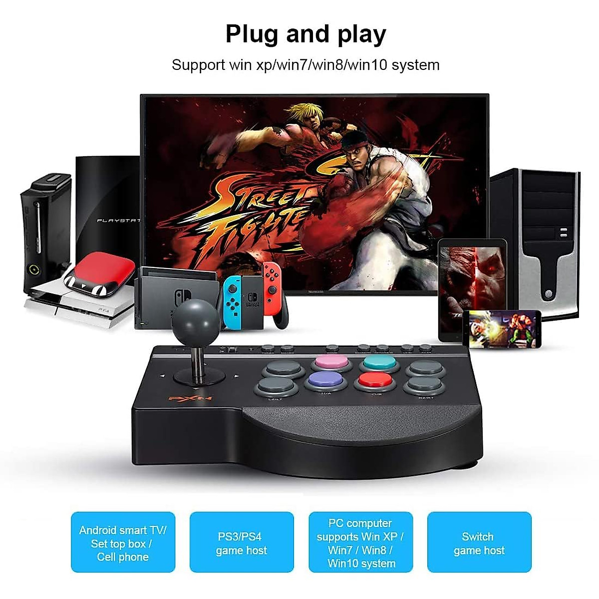 PXN Arcade Stick PC Joystick 0082 Fight Stick Turbo and Macro Function Arcade Fight Stick Turbo Macro USB Connection for PC,PS4,PS3,Xbox Series X|S, Xbox One