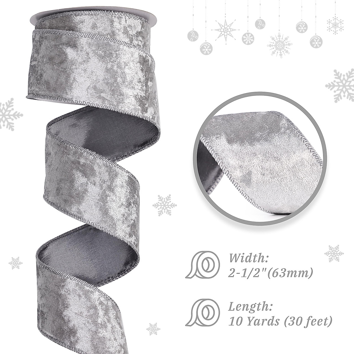 MAYREEL 2.5 Inch Silver Crushed Velvet Ribbon Wired for Christmas Decorations Gift Wrapping Wreaths Tree Toppers 10 Yards