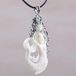 NOVICA Artisan Blue Topaz and Bone Pendant Necklace Sterling Silver Mermaid Leather Indonesia Animal Themed Birthstone Sea Lifemermaid [19.75 in L 2 mm W Pendant(s) 3 in H x 1.4 in W x 0.3 in D] '