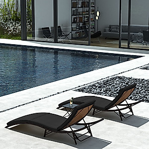 RTDTD 3 Pieces Patio Chaise Lounge Set Outdoor PE Rattan Lounge Chair Adjustable Backrest Reclining Chair with Folding Table and Cushion for Patio Poolside Backyard Porch Beach(Black)