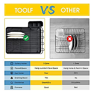 TOOLF Dish Drying Rack, Large Capacity Dish Rack, Dish Drainer with Cutlery Holder, Removable Drip Tray, Cup Holder, Compact Kitchen Drainers for Countertop, Black