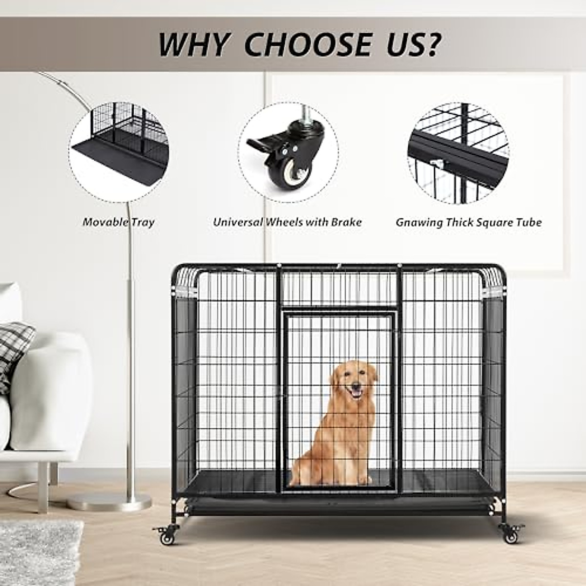 Azaeahom 49" Heavy Duty Dog Crate for Large Dogs, Extra Large Dog Cage Kennel with Double Door, 360°Lockable Wheels, Removable Tray for Easy Cleaning, Indoor/Outdoor