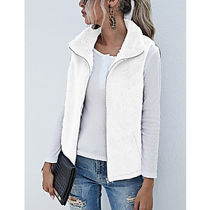 Women's Casual Sherpa Fleece Fuzzy Vest Jacket Sleeveless Zip Up Lined Stand Collar Lightweight Warm Waistcoat with Pockets White L