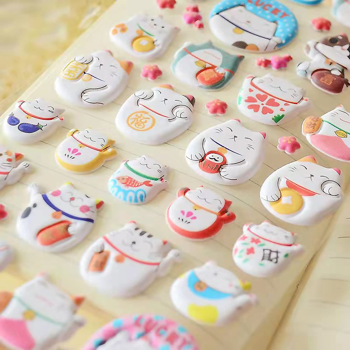 EatingBiting 4 Sheets More Than 140pcs Japanese Maneki Neko Foam Stickers Lucky Fortune Fengshui Stickers Diary Scrap Book Scrapbooking Decor Decoration School Office Stationery Reward Gift