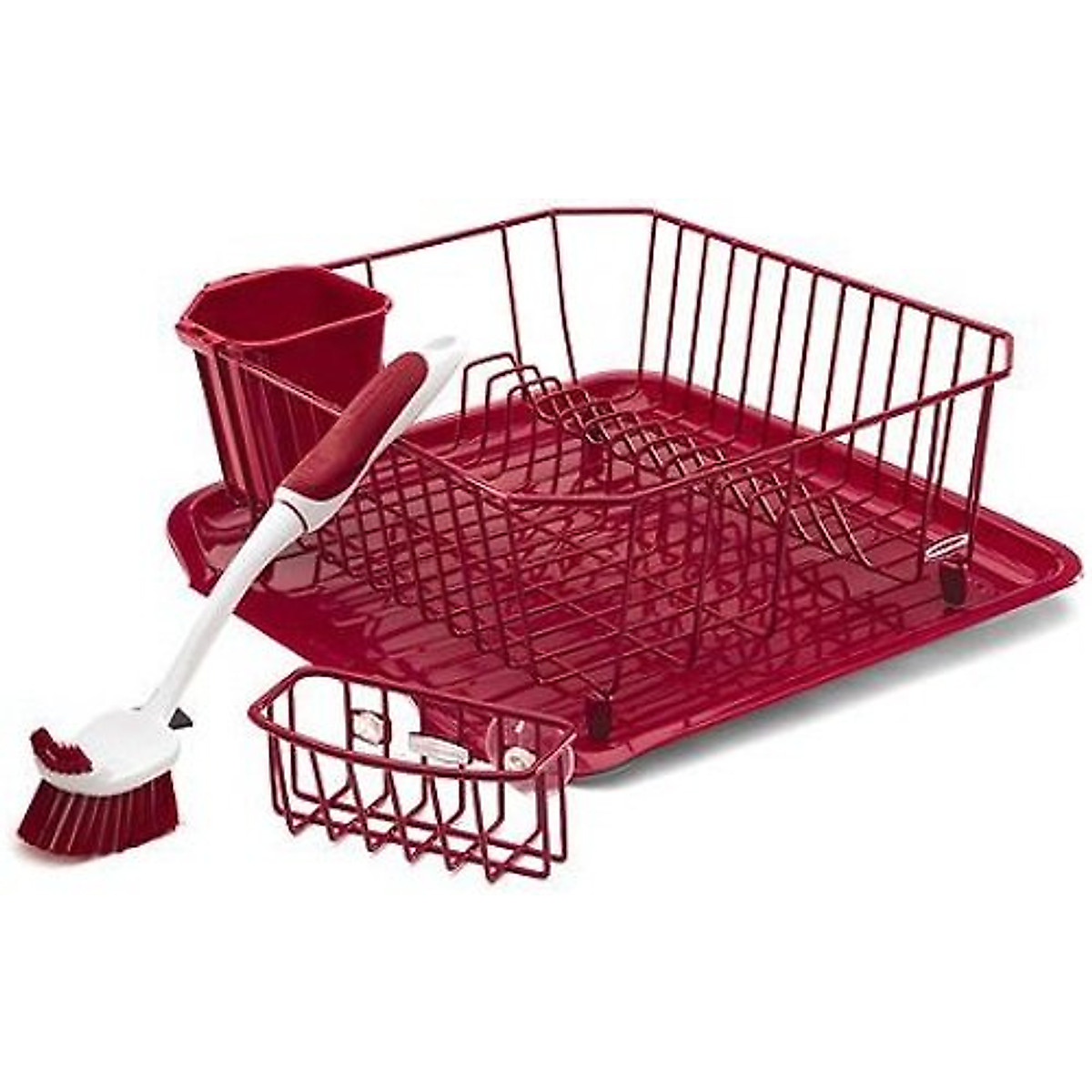Rubbermaid Sink Set with Dish Drying Rack, Drainboard, Sponge Caddy, and Brush, Red, 4-Pieces