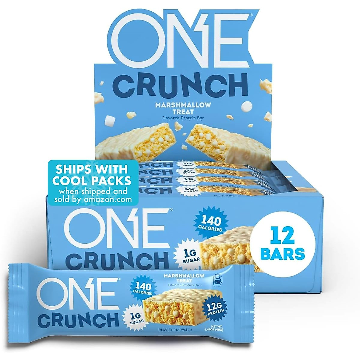 ONE Crunch Protein Bars, Marshmallow Treat, Gluten Free Protein Bars with 12g Protein and 1g Sugar, Pantry Staples, 2.12 oz (12 Count)