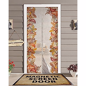 ZOE GARDEN Mushroom Magnetic Screen Door for Sliding/Single/French Doors, Self Sealing Magnets Patio Door Screen Heavy Duty Mesh Curtain, Wild Fall Maple Berry Corn Plant Burlap Autumn